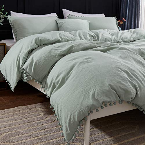 Andency Pom Pom Fringe Duvet Cover Queen Size (90x90 Inch), 3 Pieces (1 Solid Sage Green Duvet Cover, 2 Pillowcases) Soft Washed Microfiber Duvet Cover Set with Zipper Closure, Corner Ties