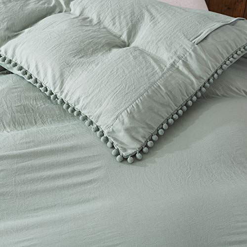 Andency Pom Pom Fringe Duvet Cover Queen Size (90x90 Inch), 3 Pieces (1 Solid Sage Green Duvet Cover, 2 Pillowcases) Soft Washed Microfiber Duvet Cover Set with Zipper Closure, Corner Ties