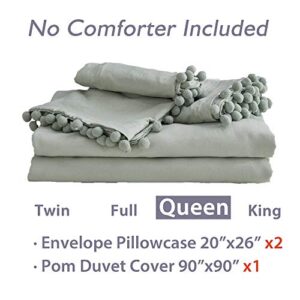 Andency Pom Pom Fringe Duvet Cover Queen Size (90x90 Inch), 3 Pieces (1 Solid Sage Green Duvet Cover, 2 Pillowcases) Soft Washed Microfiber Duvet Cover Set with Zipper Closure, Corner Ties