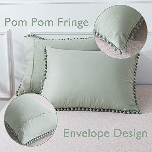 Andency Pom Pom Fringe Duvet Cover Queen Size (90x90 Inch), 3 Pieces (1 Solid Sage Green Duvet Cover, 2 Pillowcases) Soft Washed Microfiber Duvet Cover Set with Zipper Closure, Corner Ties