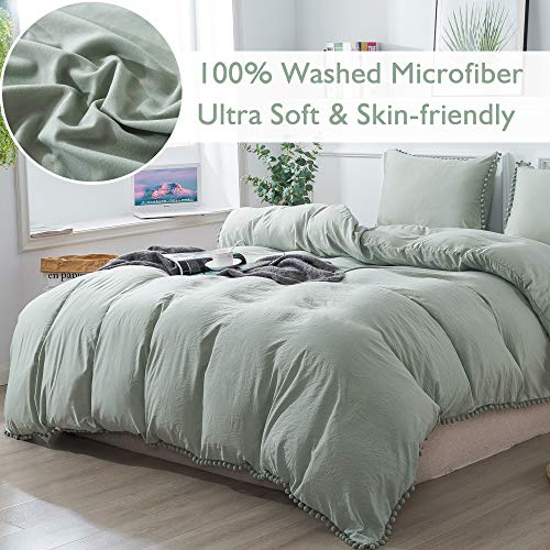 Andency Pom Pom Fringe Duvet Cover Queen Size (90x90 Inch), 3 Pieces (1 Solid Sage Green Duvet Cover, 2 Pillowcases) Soft Washed Microfiber Duvet Cover Set with Zipper Closure, Corner Ties