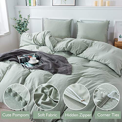 Andency Pom Pom Fringe Duvet Cover Queen Size (90x90 Inch), 3 Pieces (1 Solid Sage Green Duvet Cover, 2 Pillowcases) Soft Washed Microfiber Duvet Cover Set with Zipper Closure, Corner Ties