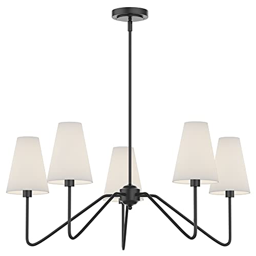 Electro bp;30" Dia 5-Arm Classic Chandeliers Matt Black with White Linen Shades,200W