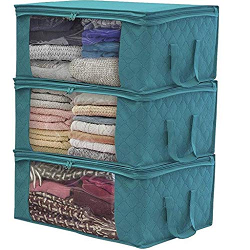 Storage Bins with Handle and Zipper Home Closet Storage Bags Detachable Stackable High Capacity Space Saving Clothes Container Bag Foldable Pouches Home Organizer Home Office Necessary. (Blue)