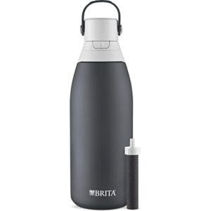 brita insulated filtered water bottle with straw, reusable, stainless steel metal, carbon, 32 ounce