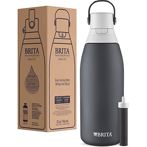 Brita Insulated Filtered Water Bottle with Straw, Reusable, Stainless Steel Metal, Carbon, 32 Ounce