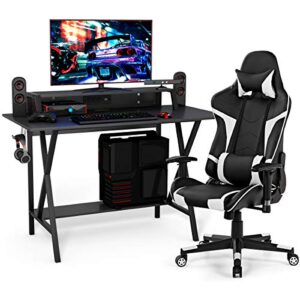 tangkula gaming desk and chair set, ergonomic e-sport gamer desk & racing chair set w/cup holder, monitor stand, earphone hook, massage & headrest, home office computer desk chair set (white)