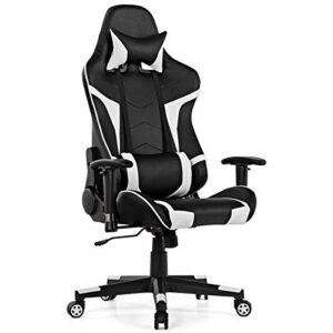 Tangkula Gaming Desk and Chair Set, Ergonomic E-Sport Gamer Desk & Racing Chair Set w/Cup Holder, Monitor Stand, Earphone Hook, Massage & Headrest, Home Office Computer Desk Chair Set (White)