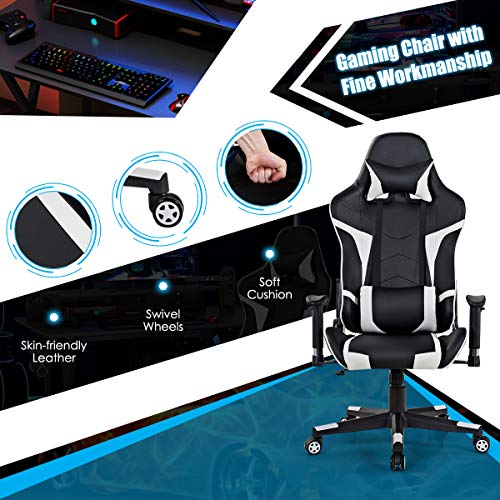 Tangkula Gaming Desk and Chair Set, Ergonomic E-Sport Gamer Desk & Racing Chair Set w/Cup Holder, Monitor Stand, Earphone Hook, Massage & Headrest, Home Office Computer Desk Chair Set (White)