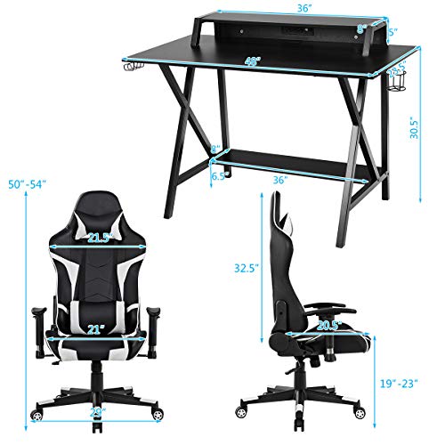 Tangkula Gaming Desk and Chair Set, Ergonomic E-Sport Gamer Desk & Racing Chair Set w/Cup Holder, Monitor Stand, Earphone Hook, Massage & Headrest, Home Office Computer Desk Chair Set (White)