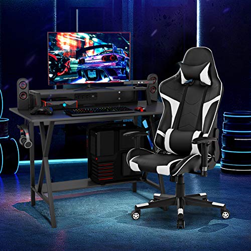 Tangkula Gaming Desk and Chair Set, Ergonomic E-Sport Gamer Desk & Racing Chair Set w/Cup Holder, Monitor Stand, Earphone Hook, Massage & Headrest, Home Office Computer Desk Chair Set (White)