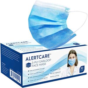 ALERTCARE 50 Pack Disposable Face Masks with Elastic Earloops, Breathable 3 Layer Protective Face Covering, Comfortable Face Mask for Adults Indoor or Outdoor