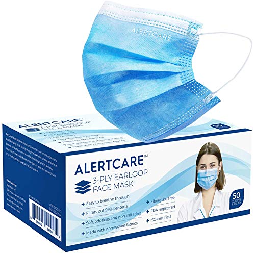 ALERTCARE 50 Pack Disposable Face Masks with Elastic Earloops, Breathable 3 Layer Protective Face Covering, Comfortable Face Mask for Adults Indoor or Outdoor