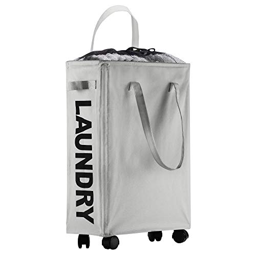 IHOMAGIC Laundry Basket with Upgrade Extended Handles, Collapsible Laundry Hamper with Wheels- Thin Dirty Clothes Laundry Washing Basket for Bedroom, Bathroom, Dormitory (40L, Light Grey)