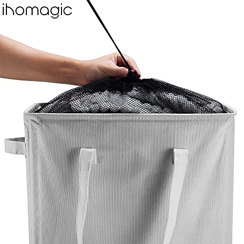 IHOMAGIC Laundry Basket with Upgrade Extended Handles, Collapsible Laundry Hamper with Wheels- Thin Dirty Clothes Laundry Washing Basket for Bedroom, Bathroom, Dormitory (40L, Light Grey)