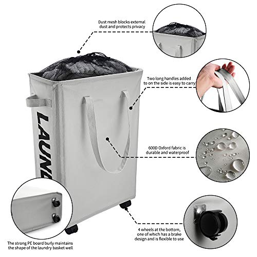 IHOMAGIC Laundry Basket with Upgrade Extended Handles, Collapsible Laundry Hamper with Wheels- Thin Dirty Clothes Laundry Washing Basket for Bedroom, Bathroom, Dormitory (40L, Light Grey)