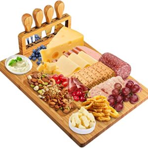 Xergur Bamboo Cheese Board Set - Charcuterie Boards and Serving Meat Platter, Cheese Tray with 4 Stainless Steel Cheese Knives Cutting Board Platter, Ideal for Halloween, Wedding, Christmas Gifts