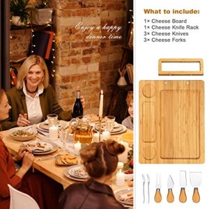 Xergur Bamboo Cheese Board Set - Charcuterie Boards and Serving Meat Platter, Cheese Tray with 4 Stainless Steel Cheese Knives Cutting Board Platter, Ideal for Halloween, Wedding, Christmas Gifts