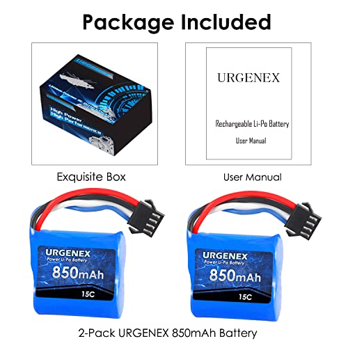 URGENEX Lipo Battery 850mAh 7.4V(2 x 3.7V) RC Boat Battery with SM-4P Plug UDI001 RC Boats Batteries Compatible with RC Boat UDI008