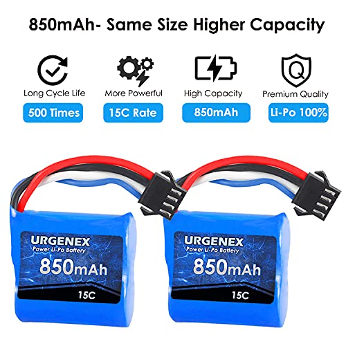 URGENEX Lipo Battery 850mAh 7.4V(2 x 3.7V) RC Boat Battery with SM-4P Plug UDI001 RC Boats Batteries Compatible with RC Boat UDI008