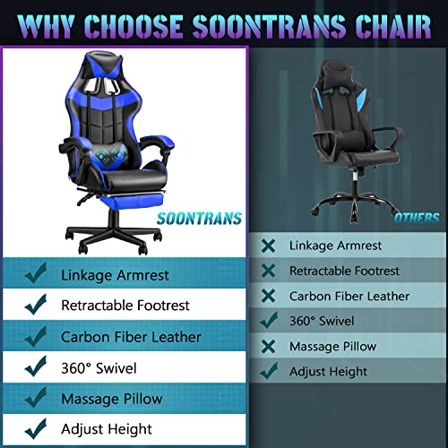 Soontrans Blue Gaming Chair with Footrest,Gaming Computer Chair, Office Gaming Chair Ergonomic Gamer Chair with Height Adjustment,Headrest and Lumbar Support Gamer Chair(Storm Blue)