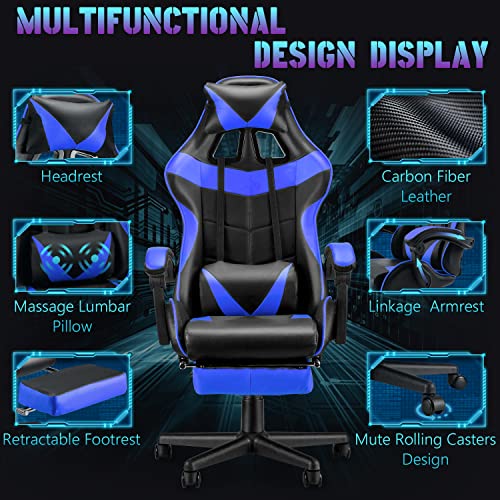 Soontrans Blue Gaming Chair with Footrest,Gaming Computer Chair, Office Gaming Chair Ergonomic Gamer Chair with Height Adjustment,Headrest and Lumbar Support Gamer Chair(Storm Blue)