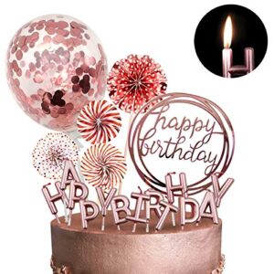 movinpe rose gold cake topper decoration with happy birthday candles happy birthday banner confetti balloon paper fans for rose gold theme party decor girl women birthday party