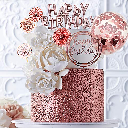 MOVINPE Rose Gold Cake Topper Decoration with Happy Birthday Candles Happy Birthday Banner Confetti Balloon Paper Fans For Rose Gold Theme Party Decor Girl Women Birthday Party