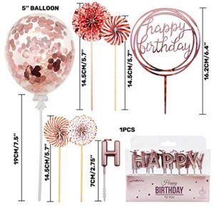 MOVINPE Rose Gold Cake Topper Decoration with Happy Birthday Candles Happy Birthday Banner Confetti Balloon Paper Fans For Rose Gold Theme Party Decor Girl Women Birthday Party