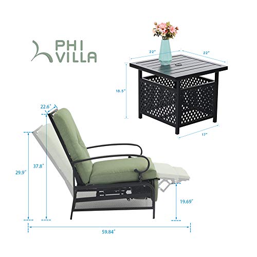 PHI VILLA Adjustable Relaxing Recliner Lounge Chair and Umbrella Bistro Table Set fits Outdoor,Patio,Garden,Porch,Living Room, Green