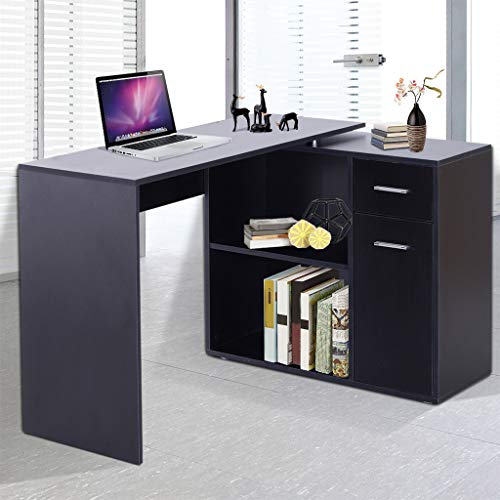 L Shaped Corner Computer Desk, Home Office Desk Computer Table Writing Desk with Storage Shelves, Wooden Table for Home Office (Black)