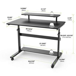 EUREKA ERGONOMIC Mobile Height Adjustable Standing Desk,41 Inch Rolling Stand Up Computer Workstation with Monitor Shelf, Portable Home Office Desk with Wheels,CPU Stand & Detachable Hutch, Black