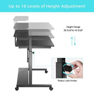 EUREKA ERGONOMIC Mobile Height Adjustable Standing Desk,41 Inch Rolling Stand Up Computer Workstation with Monitor Shelf, Portable Home Office Desk with Wheels,CPU Stand & Detachable Hutch, Black