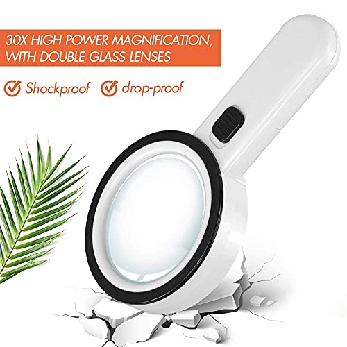 Leffis Magnifier Magnifying Glass with Light, 30X Handheld 12 LED Illuminated Lighted Magnifying Glasses for Seniors & Kids Close Work, Reading, Inspection, Jewellery (White)