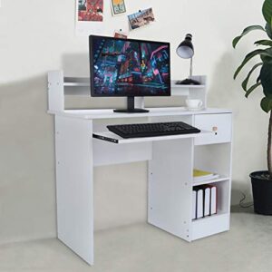 NDGDGA Computer Desk, Modern Laptop Desktop Study Writing Table with Keyboard Tray, Drawer & Shelves for Small Spaces, Home Office PC Laptop Table Wood Workstation (White, 39.3×17.7×37in.)