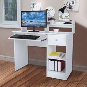 NDGDGA Computer Desk, Modern Laptop Desktop Study Writing Table with Keyboard Tray, Drawer & Shelves for Small Spaces, Home Office PC Laptop Table Wood Workstation (White, 39.3×17.7×37in.)