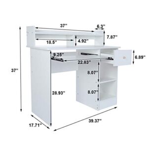 NDGDGA Computer Desk, Modern Laptop Desktop Study Writing Table with Keyboard Tray, Drawer & Shelves for Small Spaces, Home Office PC Laptop Table Wood Workstation (White, 39.3×17.7×37in.)