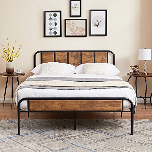 VECELO Queen Size Bed Frame Metal Platform with Wood Headboard Footboard Heavy Duty Mattress Foundation with Steel Slats Support Under Bed Storage/Easy Assemble