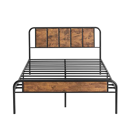 VECELO Queen Size Bed Frame Metal Platform with Wood Headboard Footboard Heavy Duty Mattress Foundation with Steel Slats Support Under Bed Storage/Easy Assemble