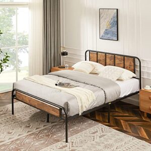 VECELO Queen Size Bed Frame Metal Platform with Wood Headboard Footboard Heavy Duty Mattress Foundation with Steel Slats Support Under Bed Storage/Easy Assemble