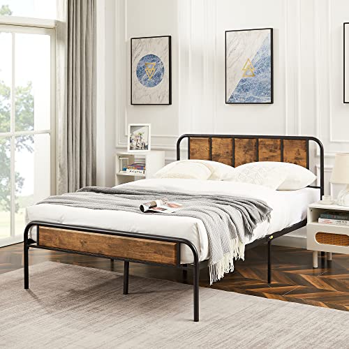 VECELO Queen Size Bed Frame Metal Platform with Wood Headboard Footboard Heavy Duty Mattress Foundation with Steel Slats Support Under Bed Storage/Easy Assemble