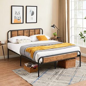 VECELO Queen Size Bed Frame Metal Platform with Wood Headboard Footboard Heavy Duty Mattress Foundation with Steel Slats Support Under Bed Storage/Easy Assemble