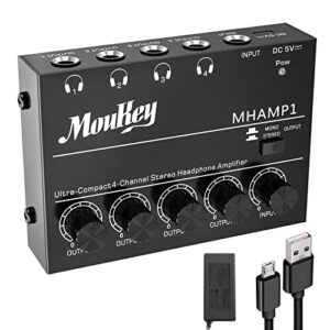 moukey headphone amp amplifier 4 channels metal stereo audio amplifier,mini headphone amplifier portable - 4x quarter inch balanced trs headphone output and trs audio input, dc5v power supply-mhamp1