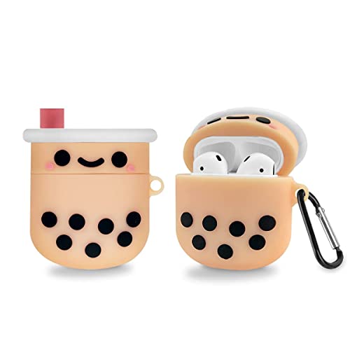 WQNIDE Case Compatible with Airpods 1/2, Premium Cute Boba Milk Tea Cartoon Character Upgrade 3D Silicone Cover Anti-Lost Anti Fall with Keychain 360°Waterproof Suitable for Girls Boys Teens