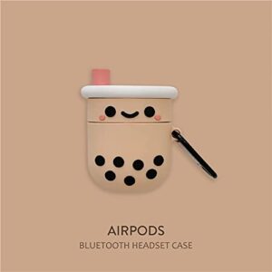 WQNIDE Case Compatible with Airpods 1/2, Premium Cute Boba Milk Tea Cartoon Character Upgrade 3D Silicone Cover Anti-Lost Anti Fall with Keychain 360°Waterproof Suitable for Girls Boys Teens