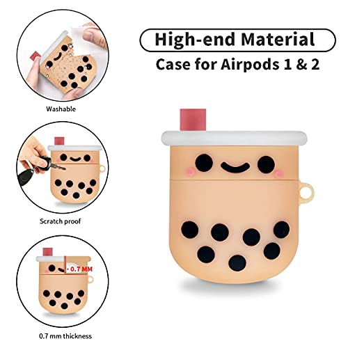 WQNIDE Case Compatible with Airpods 1/2, Premium Cute Boba Milk Tea Cartoon Character Upgrade 3D Silicone Cover Anti-Lost Anti Fall with Keychain 360°Waterproof Suitable for Girls Boys Teens