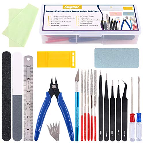 Swpeet 26Pcs Compatible for Gundam Modeler Basic Tools with Duty Plastic Container, Professional Kit Replacement for Gundam Model Tools Building Beginner Hobby Model Assemble Building