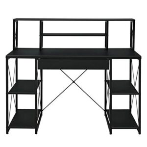 HomVent Computer Desk with Drawer Shelves, Home Office Writing Desk with Storage Bookshelf Workstation Study Table Corner Desk PC Laptop Desk (Black)