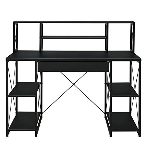 HomVent Computer Desk with Drawer Shelves, Home Office Writing Desk with Storage Bookshelf Workstation Study Table Corner Desk PC Laptop Desk (Black)