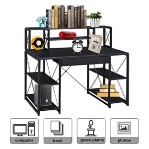 HomVent Computer Desk with Drawer Shelves, Home Office Writing Desk with Storage Bookshelf Workstation Study Table Corner Desk PC Laptop Desk (Black)